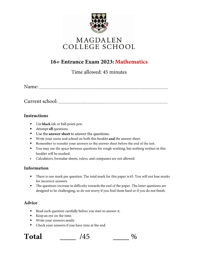 Mathematics 16 Sample Paper 1 | PDF