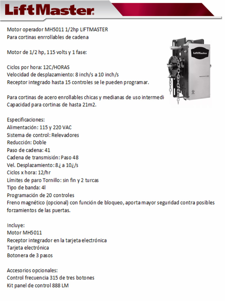 Ficha Tecnica Lifmaster Mh5011 | PDF