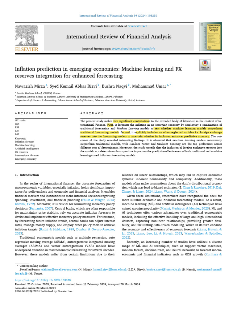 (Mirza 2022) Inflation Prediction in Emerging Economies ML and FX Reserve Integration For ...