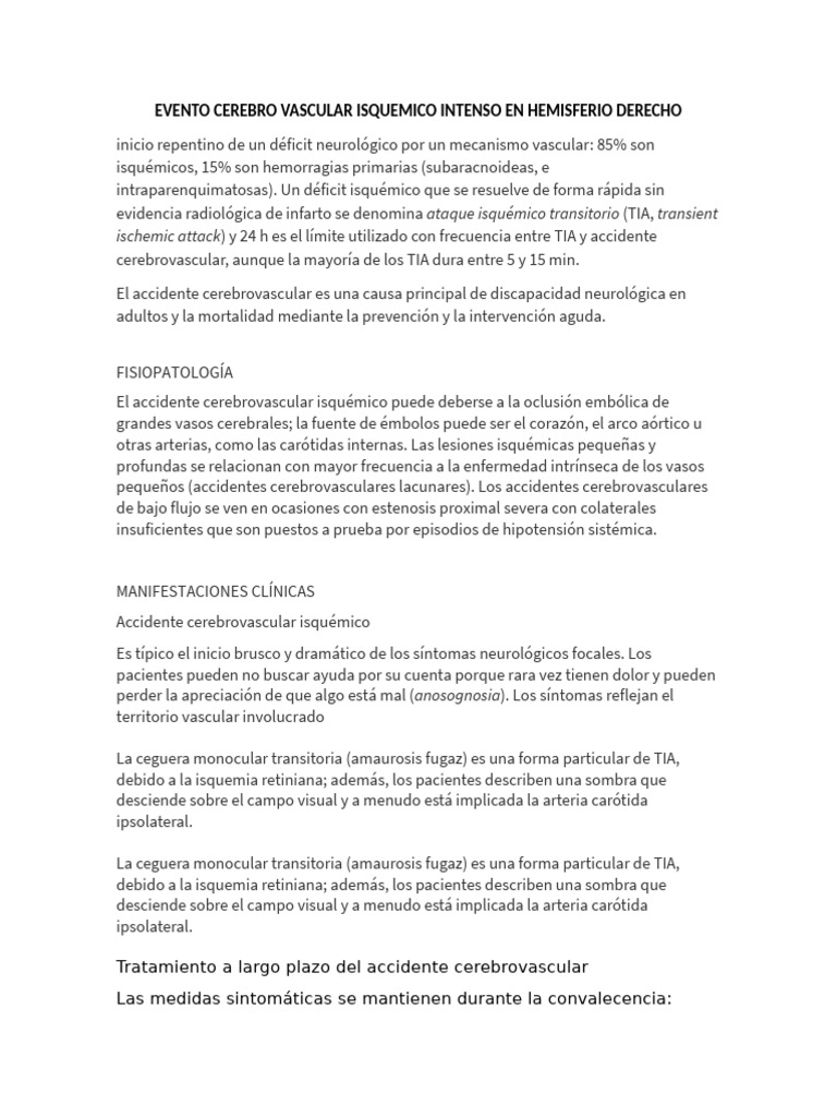 Evento Cerebro Vascular Isquemico Intenso en Hemisferio Derecho | PDF ...