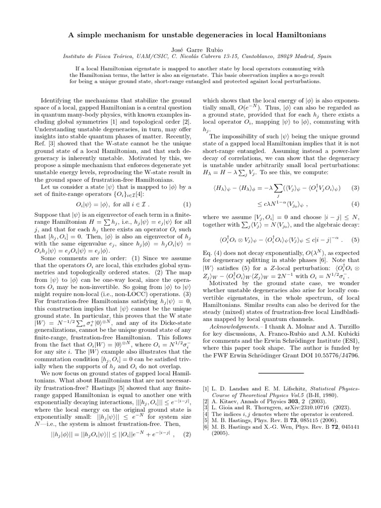 A Simple Mechanism For Unstable Degeneracies in Local Hamiltonians | PDF | Perturbation Theory ...