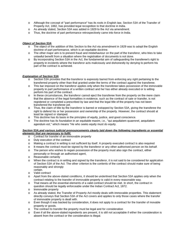 Understanding Section 53A TPA: Part Performance | PDF | Consideration ...