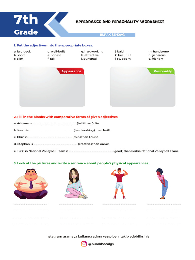 7th Grade Appearance & Personality Worksheet | PDF