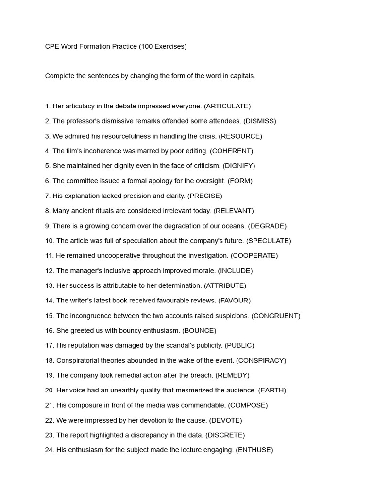Answer Keys - CPE Word Formation Practice (100 Exercises) | PDF
