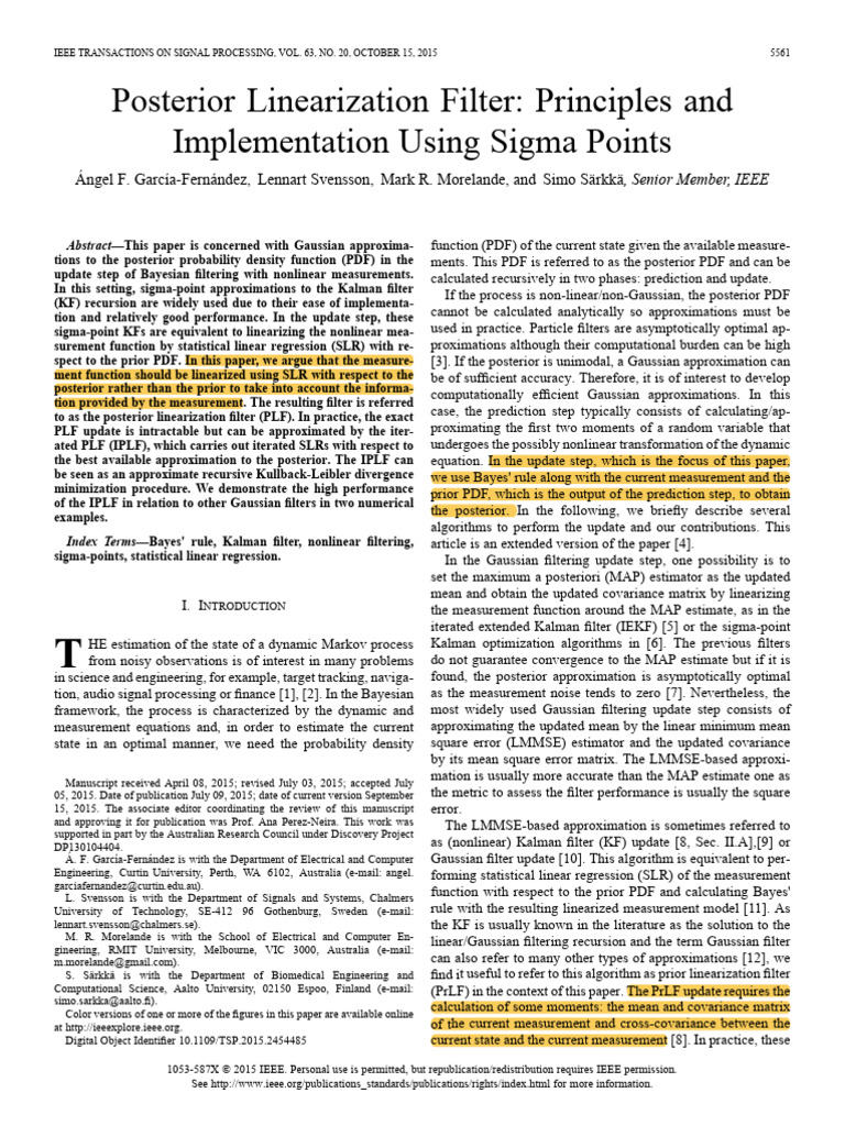 Posterior Linearization Filter Principles and Implementation Using Sigma Points | PDF | Kalman ...