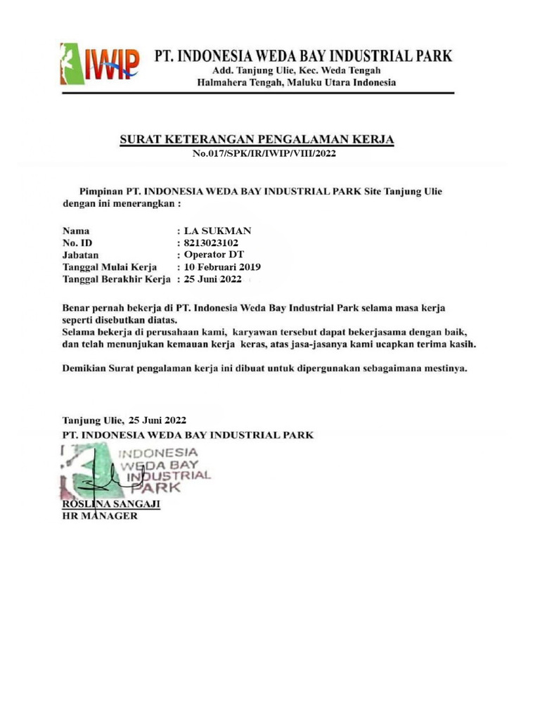 Surat Keterangan Pengalaman Kerja IWIP - La Sukman | PDF