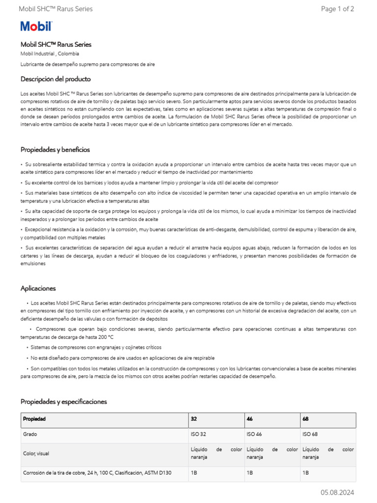 Mobil SHC Rarus 46: Lubricante Superior | PDF | Lubricante | Exxon Mobil