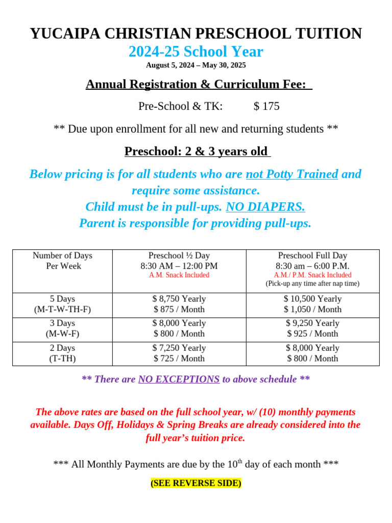 Tuition Schedule & Fees Non Potty Trained | PDF | Fee | Tuition Payments