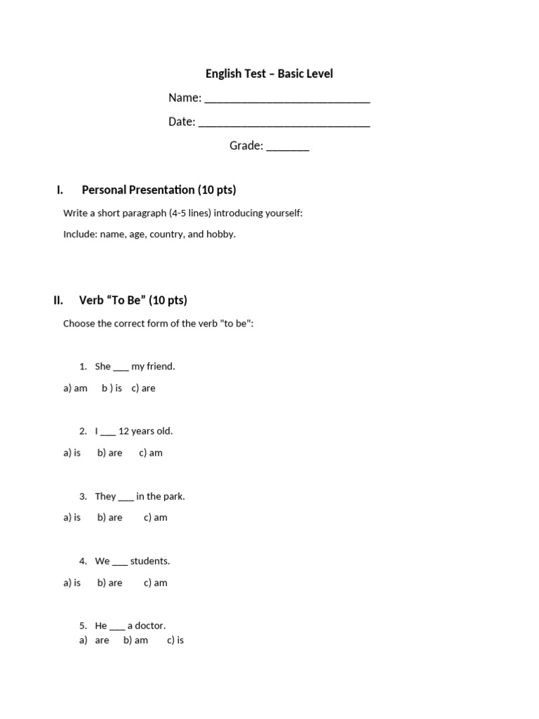 Basic English Test for Beginners | PDF