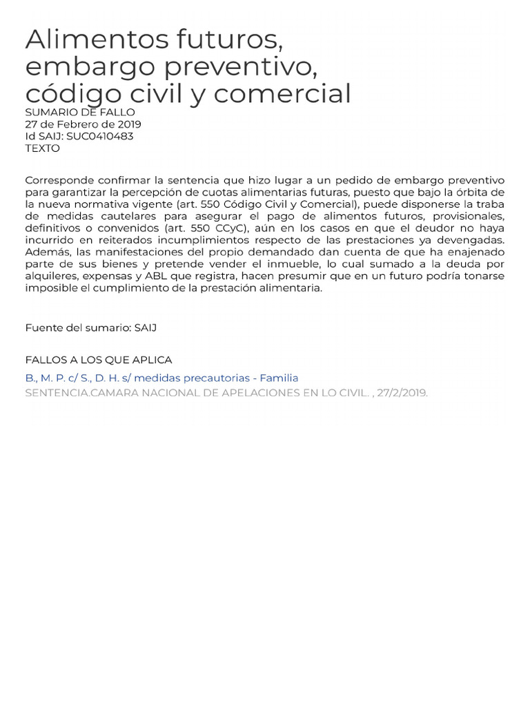 Alimentos Futuros, Embargo Preventivo, Código Civil y Comercial | PDF