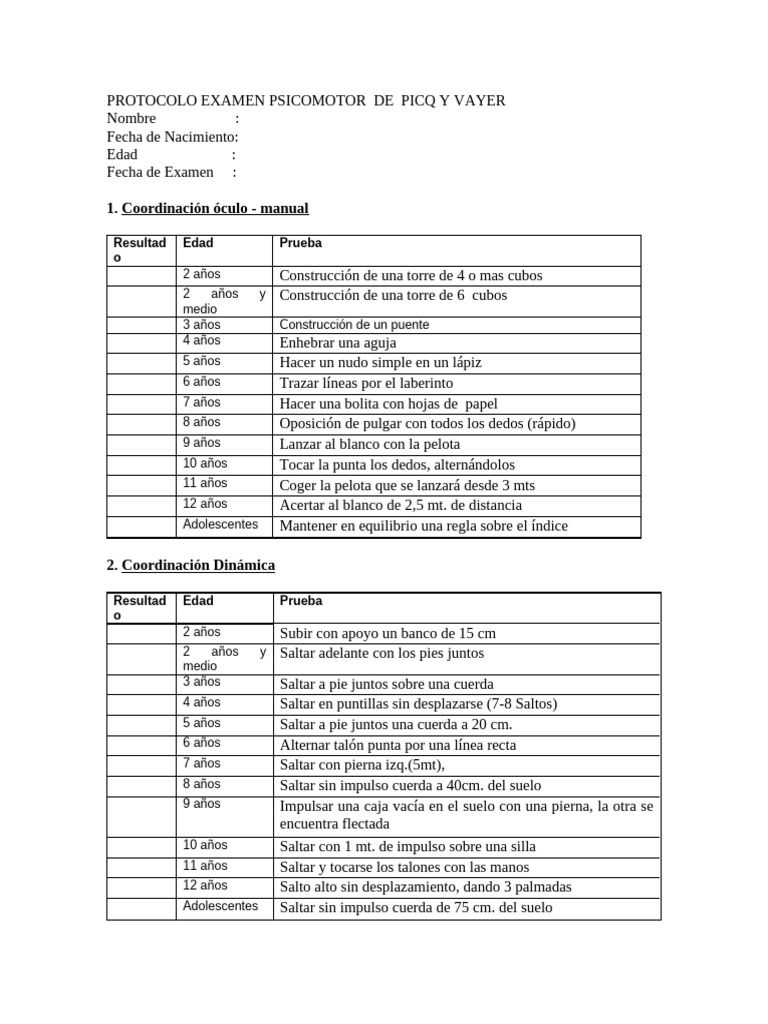 Protocolo Examen Psicomotor de Picq y Vayer | PDF