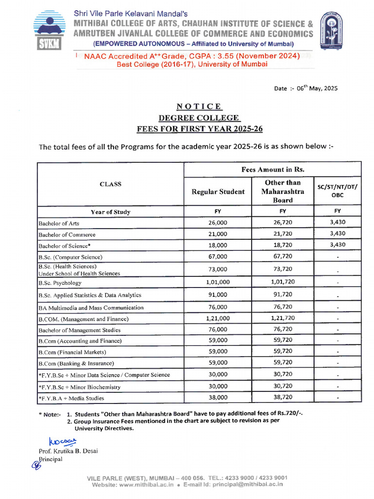 First Year UG Fee Chart 2025 26 (1) | PDF