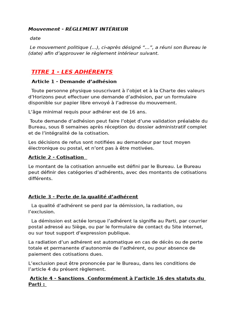 rÃ¨glement intÃ©rieur mouvement 2025 | PDF | Vote | Président des États ...