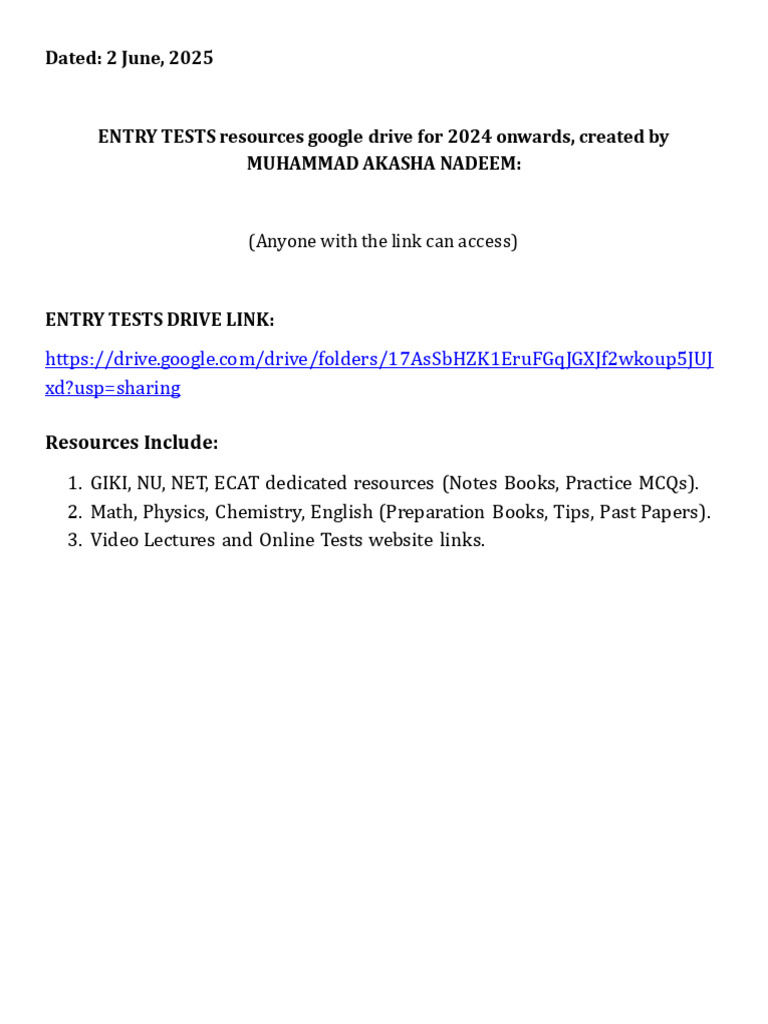 Entry Test Resources Link Created by Akasha | PDF