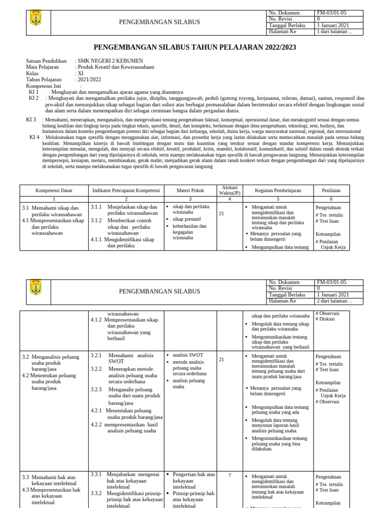 Silabus PKK 2021-2022 Xi Eka Yulianto S | PDF