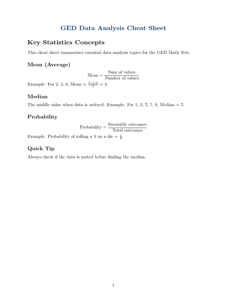Key Statistics Concepts: GED Data Analysis Cheat Sheet | PDF