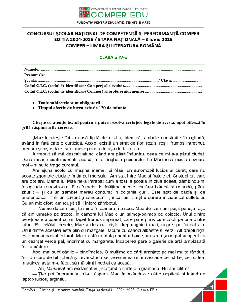 Subiect Comper Romana EtapaN 2024 2025 ClasaIV | PDF