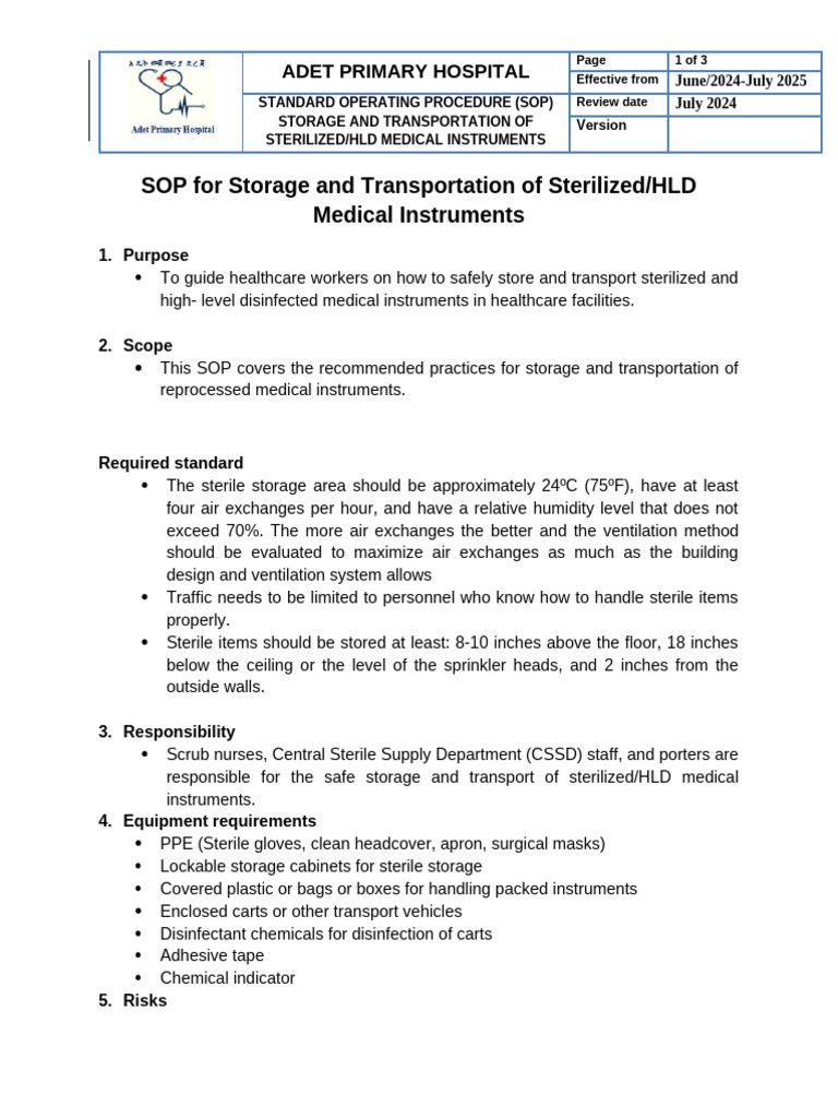 SOP for Medical Instrunment Storage and Transportation Final | PDF