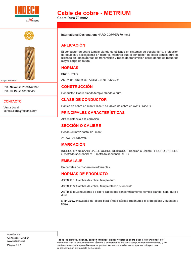 Nexans 70mm2 Desnudo | PDF | Conductor electrico | Cobre
