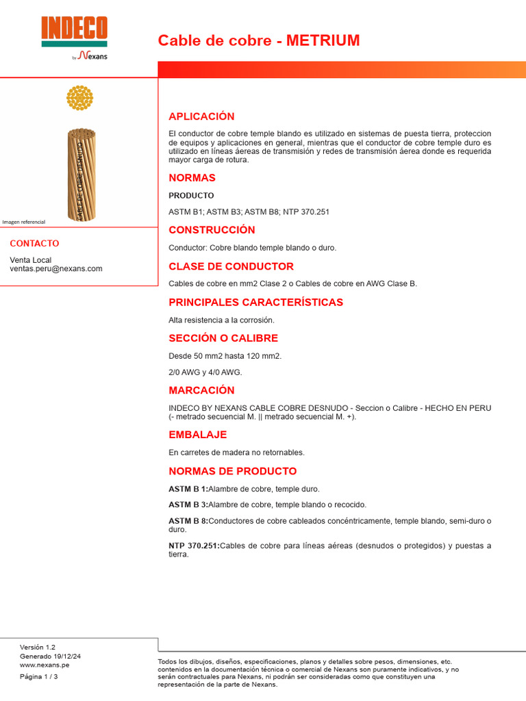 Nexans Cable de Cobre METRIUM | PDF | Conductor electrico | Cobre