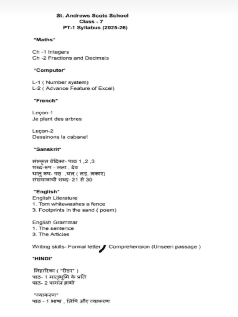 Class 7 PT-1 Syllabus | PDF