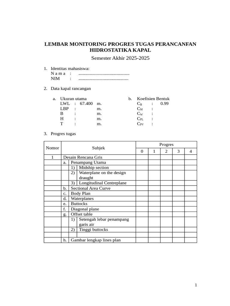 Lembar Monitoring Progres Tugas Perancangan MK Hidrostartika Kapal | PDF