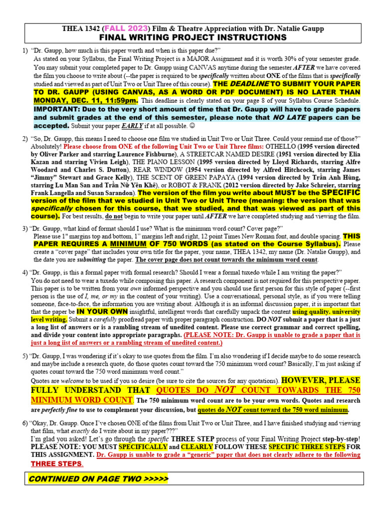 Final Writing Project Instructions (Thea 1342, Fall 2023) | PDF | Plot ...