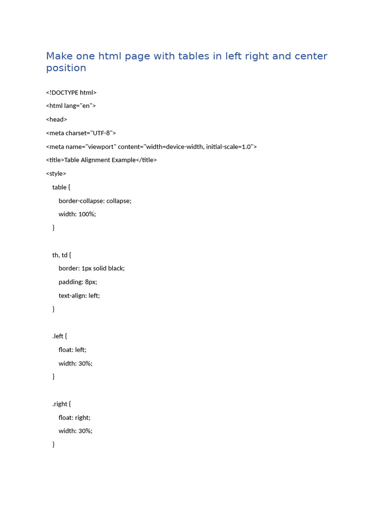 Make One HTML Page With Tables in Left Right and Center Position | PDF