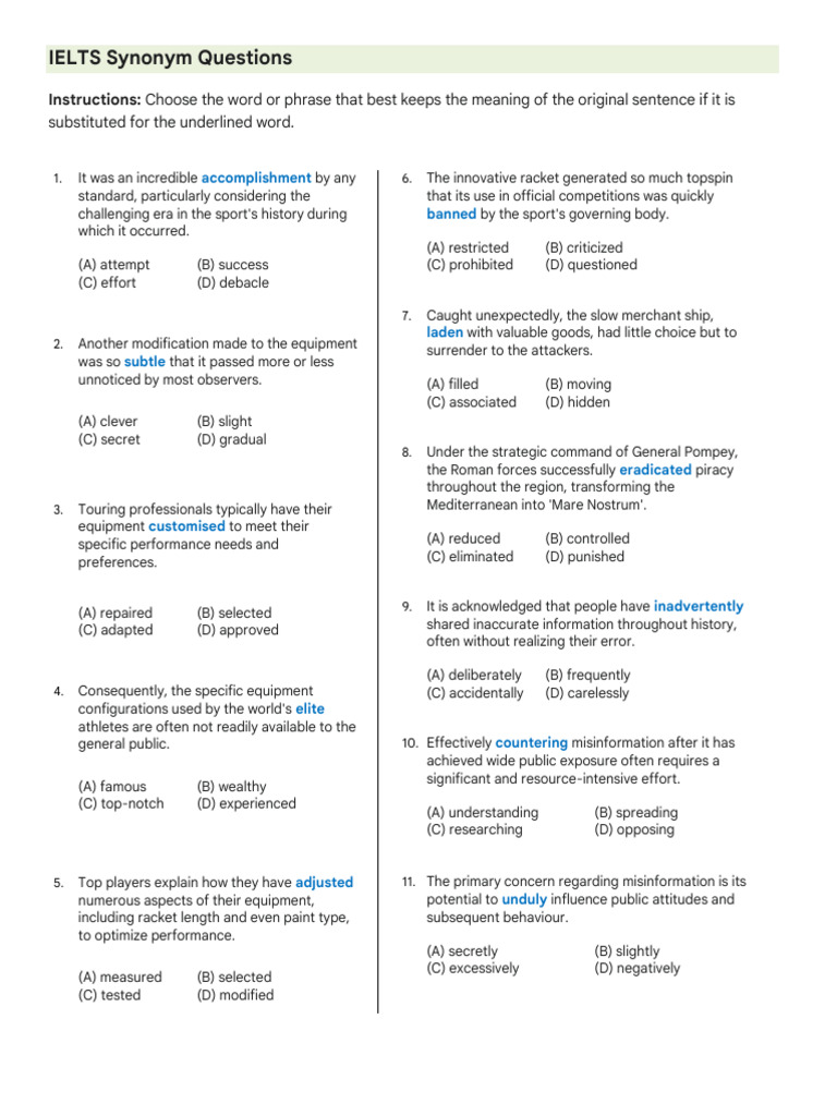 IELTS-Style Synonym Questions Compilation | PDF | Stress (Biology)