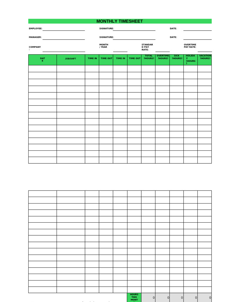 Monthly Timesheet Template | PDF