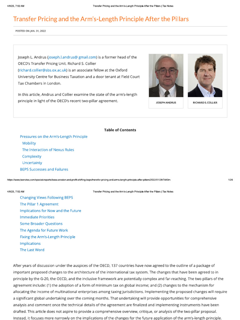 Transfer Pricing and The Arm's-Length Principle After The Pillars - Tax ...