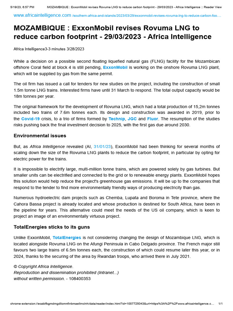 MOZAMBIQUE - ExxonMobil Revises Rovuma LNG To Reduce Carbon Footprint ...