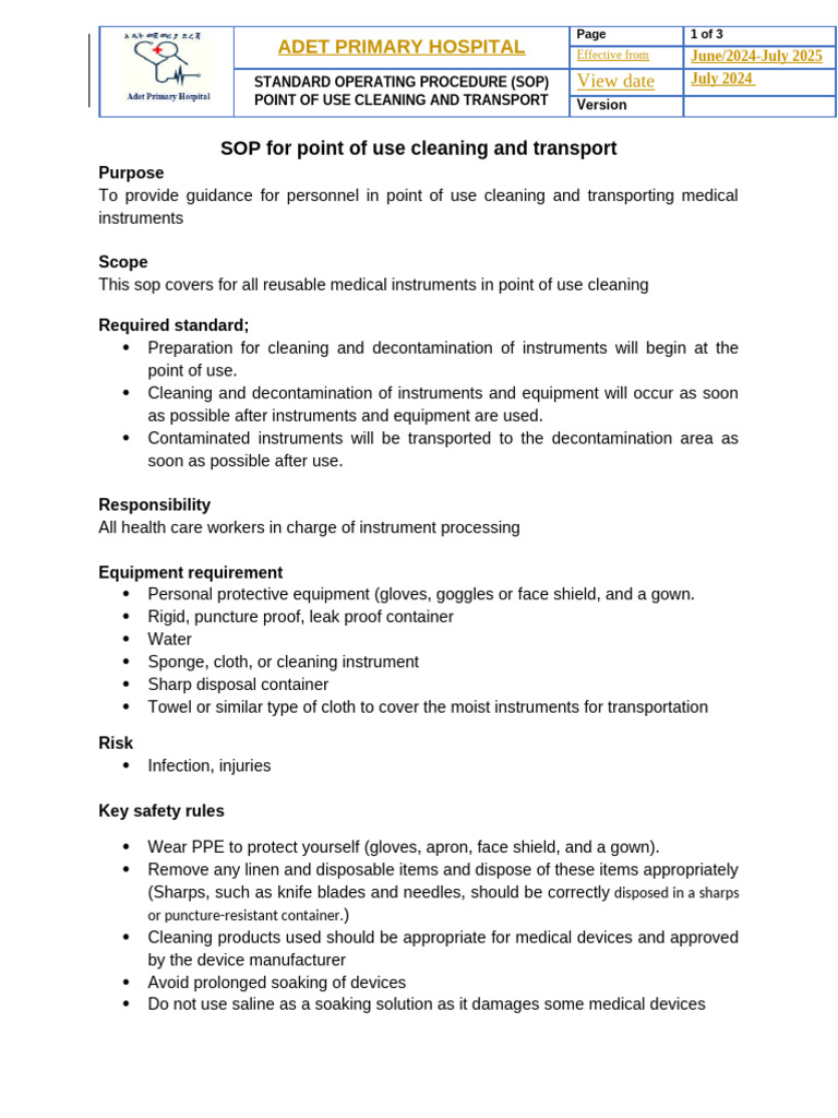 SOP for Point of Use Instrument Cleaning | PDF | Personal Protective ...