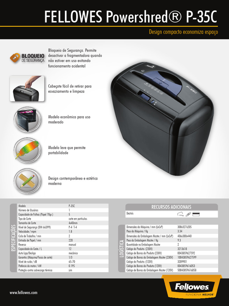 Ficha Técnica Fragmentadora Fellowes P-35C | PDF
