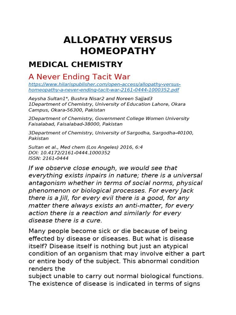 Allopathy Versus Homeopathy | PDF | Homeopathy | Health Sciences