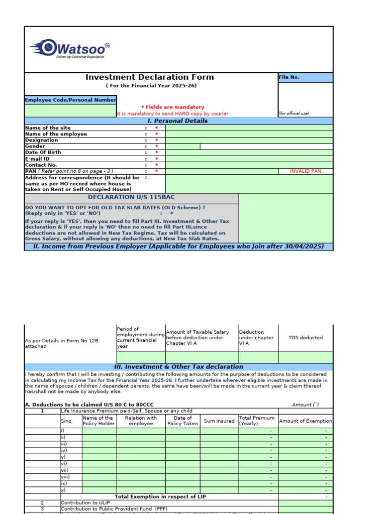 Declaration Form F.Y. 2025-26 - Watsoo | PDF | Taxes | Tax Deduction