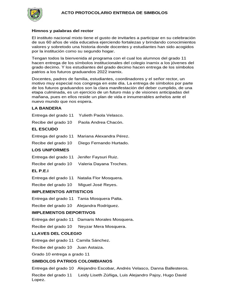 Acto Protocolario Entrega de Simbolos | PDF
