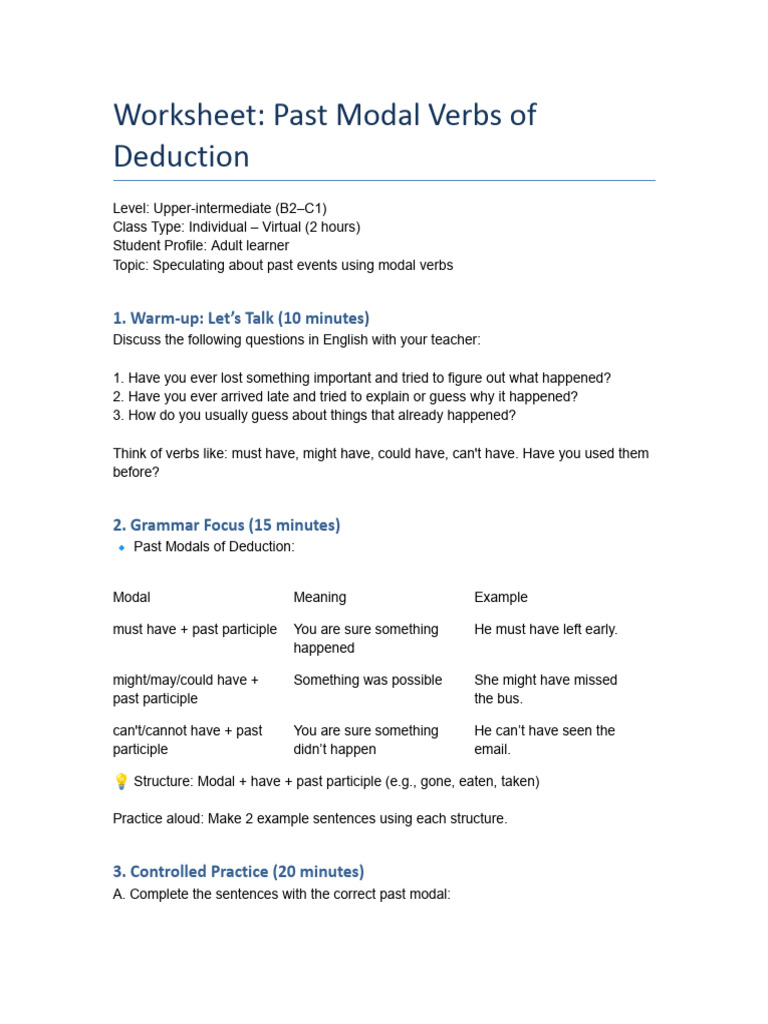 Past Modals Worksheet Individual.docx | PDF | Linguistics | Grammar