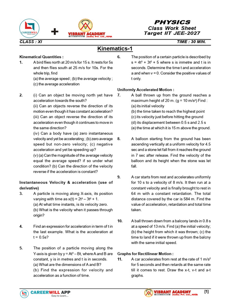 Class Work Sheet Kinematics 1 Without Answer Careerwill Send | PDF | Acceleration | Velocity