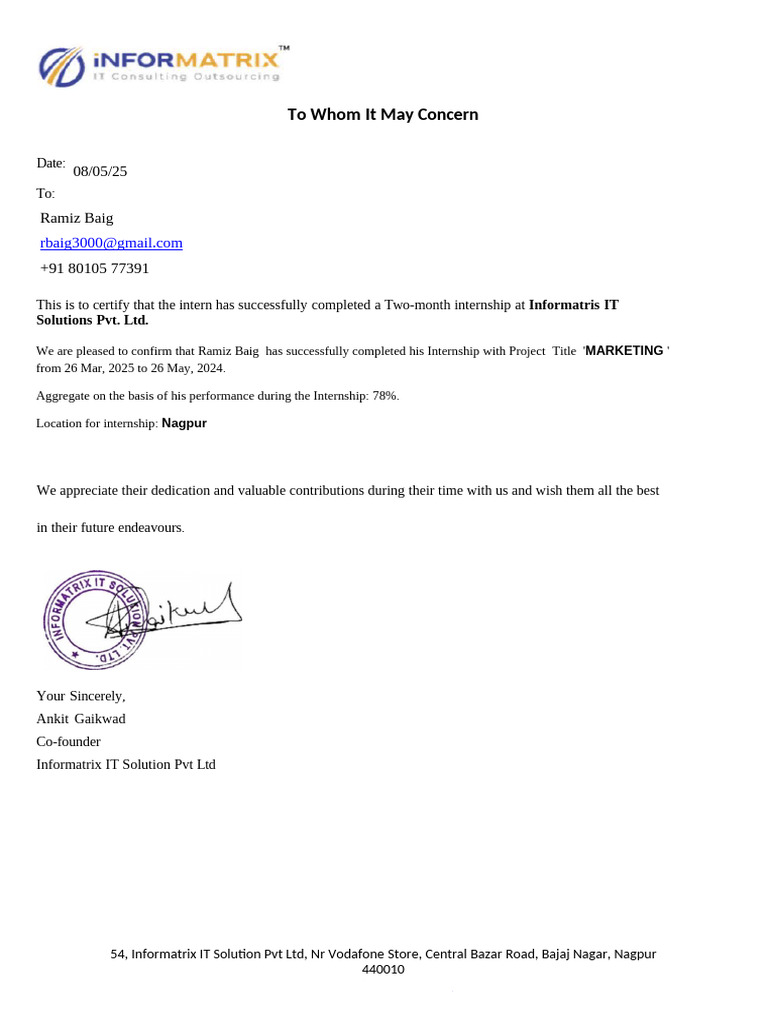 Internship Relieving Letter | PDF