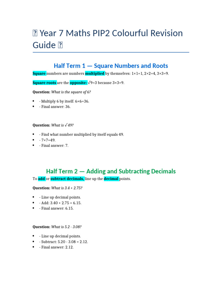 Year 7 Maths Revision Guide | PDF