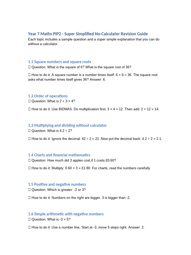 Year7 Maths PIP2 NoCalc 55 Topics | PDF | Numbers | Multiplication
