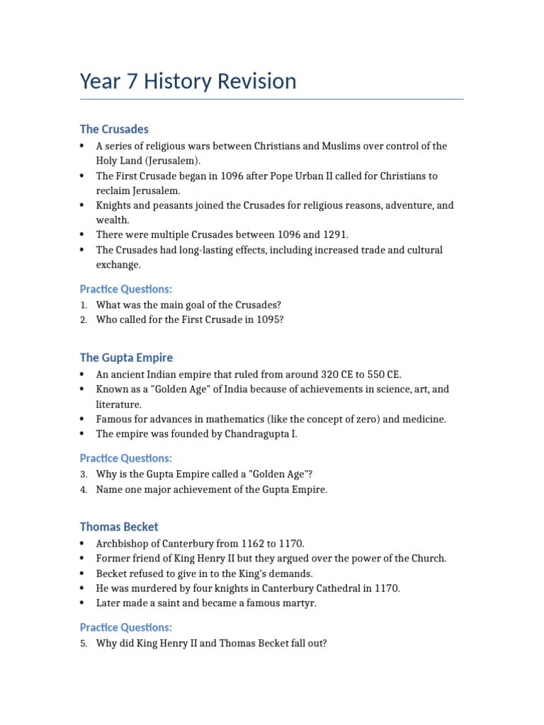 Year 7 History Revision | PDF