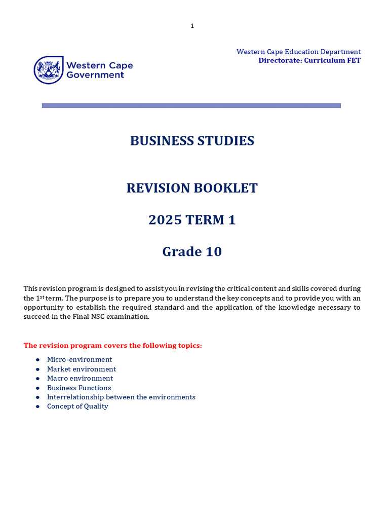 2025 Term 1 GR 10 BSTD Revision Booklet - Final | PDF | Quality Assurance | Business Economics