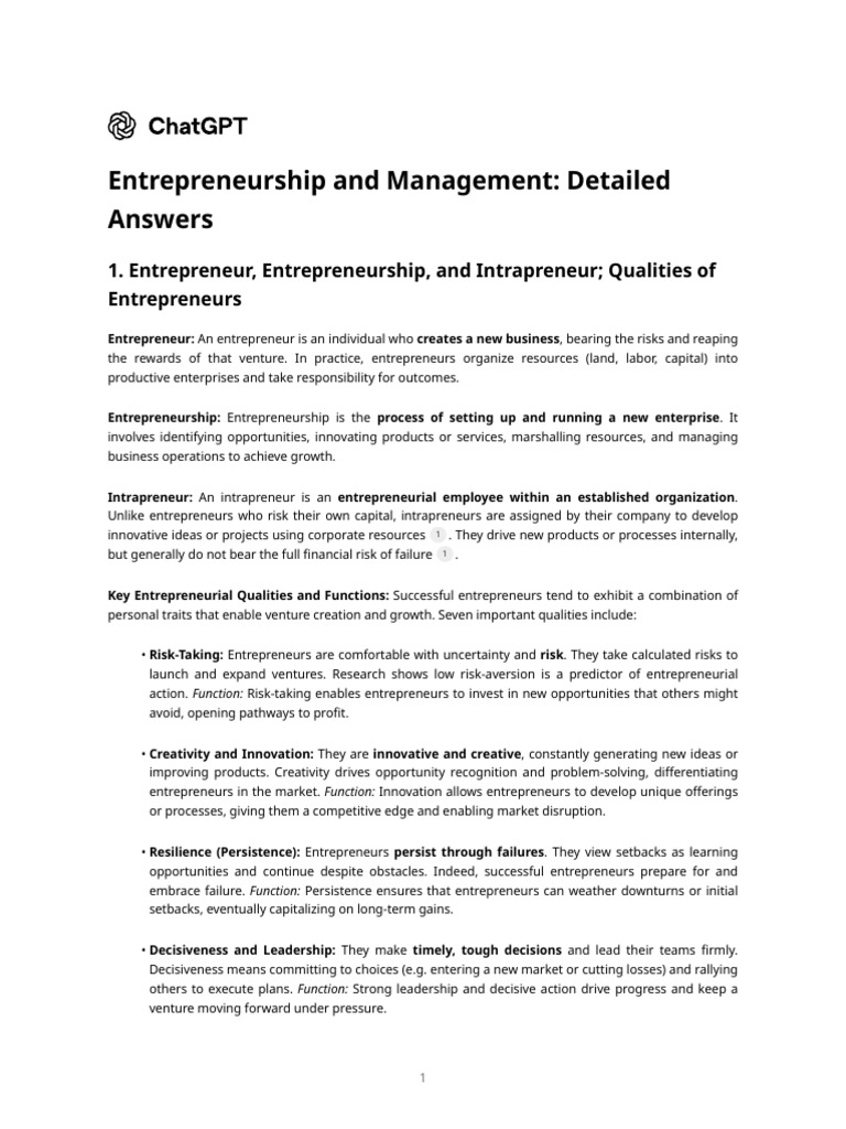 Entrepreneurship and Management - Detailed Answers | PDF ...
