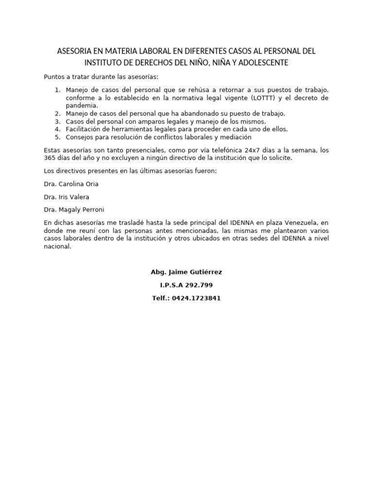 Asoria en Materia Laboral en Diferentes Casos Del Personal Del ...