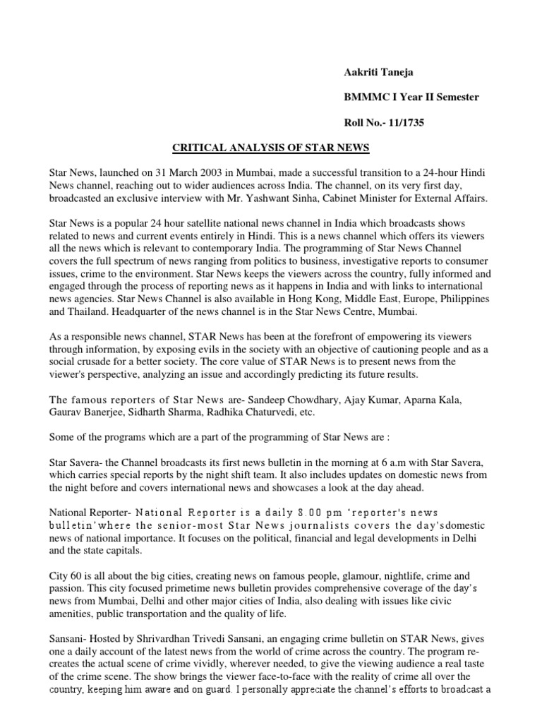 Critical Analysis of Star News | PDF | News Broadcasting | News