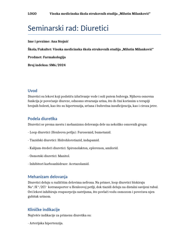 Seminarski Rad Diuretici Ana Stojnic | PDF