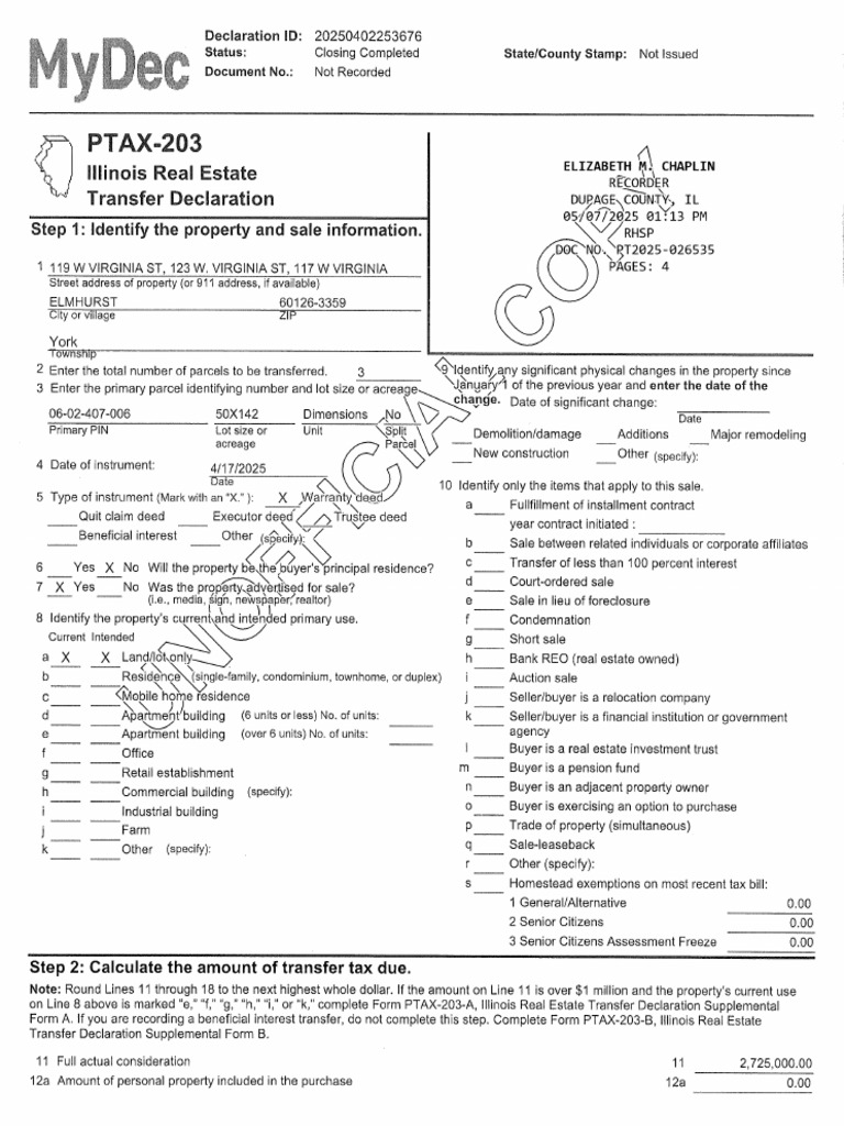 Real Estate Transfer Declaration For Three Lots On Virginia Street in ...