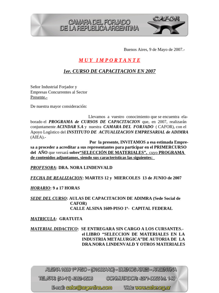 Cafor Invitacion Al Sector para Acreditar Ante Curso Seleccion de ...